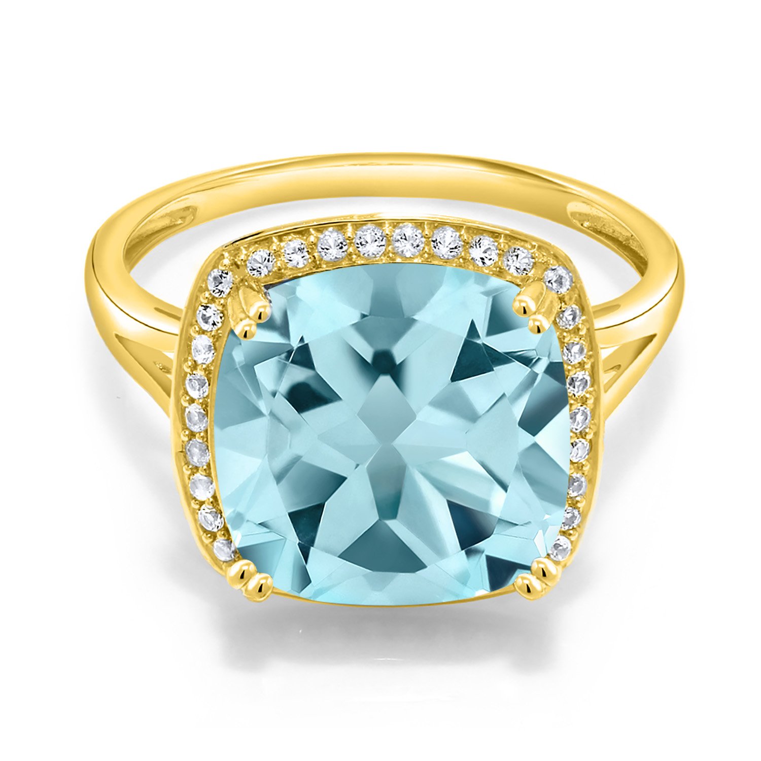 Gem Stone King 10K Yellow Gold Sky Blue Topaz and White Created Sapphire Ring For Women (8.54 Cttw, Cushion 12MM, Gemstone Birthstone, Available In Size 5, 6, 7, 8, 9)