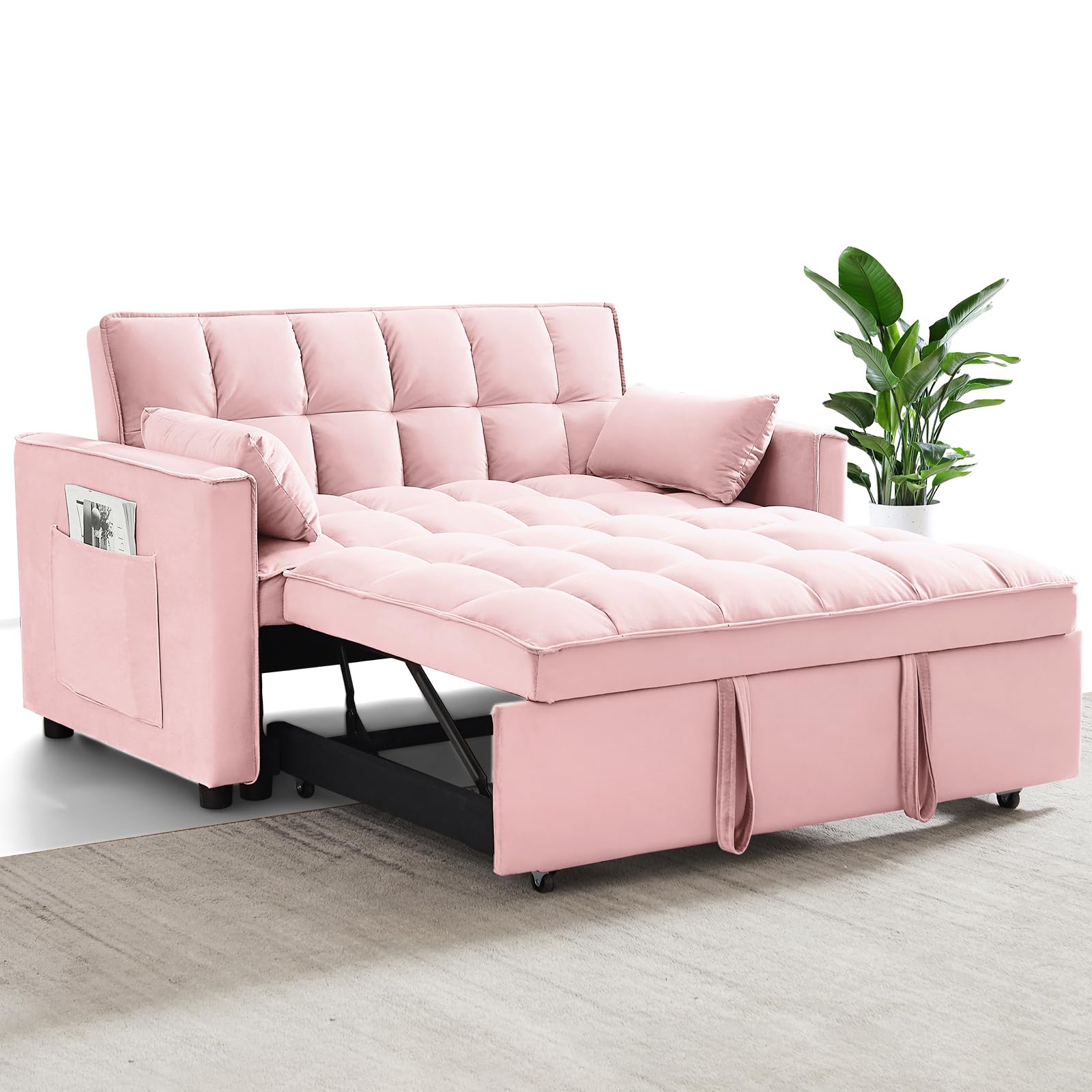 Rovibek 3 in 1 Sleeper Sofa Couch Bed Convertible Sofa Bed Pull Out Futon Loveseat Velvet Chaise Lounge 2 Seat for Living Room Apartment Small Space, Adjustable Backrest, Pillows, White