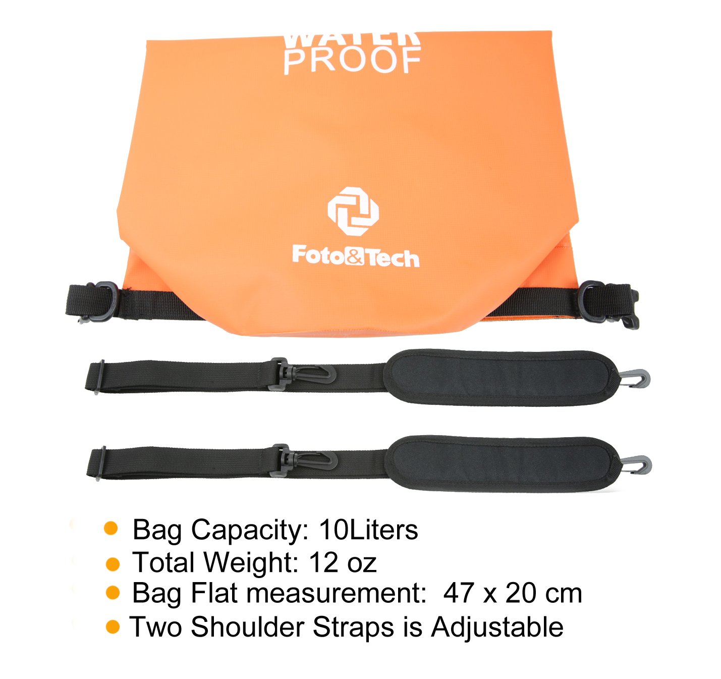 Foto&Tech Orange 10LT Waterproof Dry Bag Roll Top Dry Compression Sack Floating Dry Gear Bag Storm Sack+Backpack Style Padded Shoulder Straps for Kayaking/Boating/Beach/Rafting/Hiking/Camping/Fishing