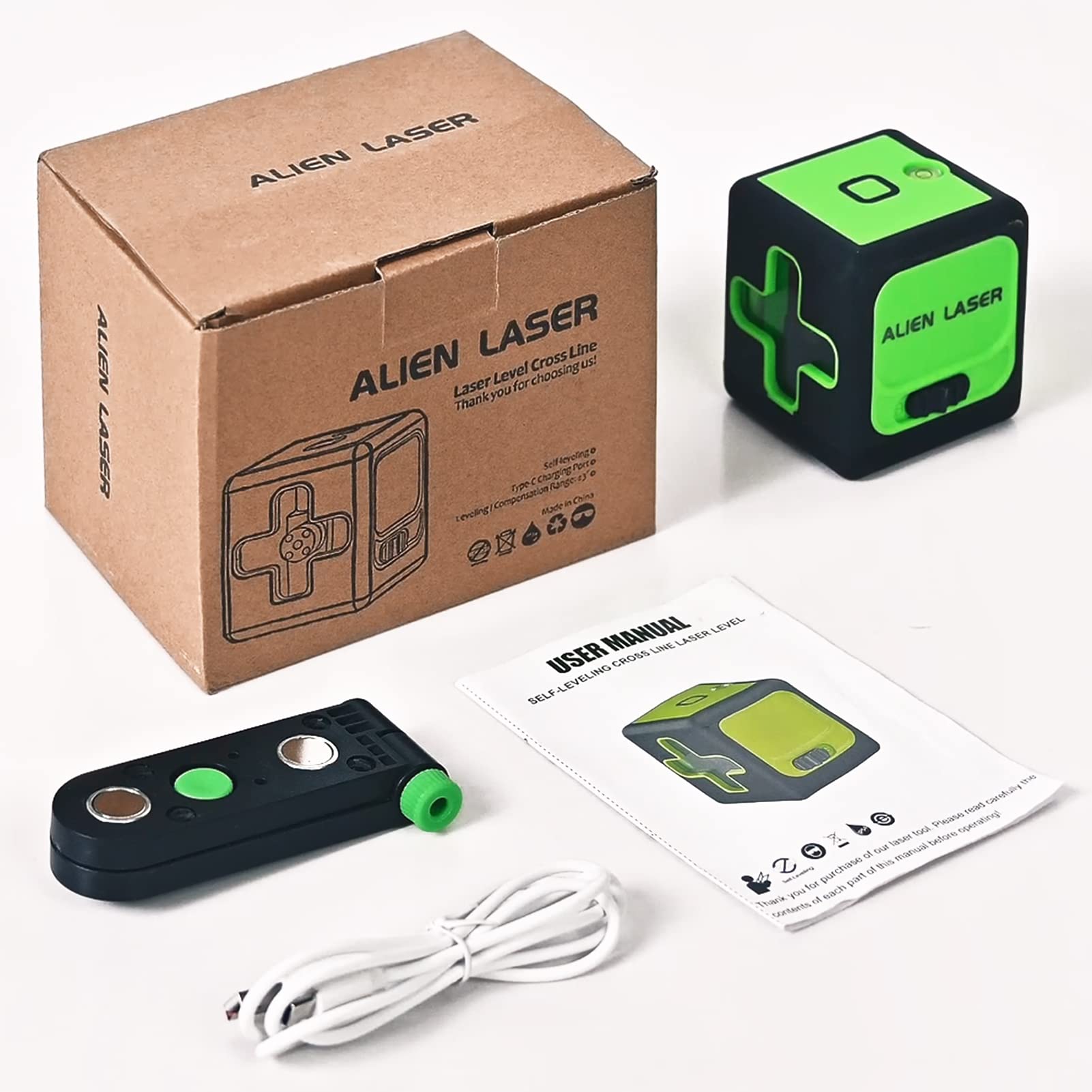 Laser Level, ALIEN LASER Rechargeable Laser Level Tool with Lithium Battery & Magnetic Base, 100 FT Cross Line Portable Laser Level For Picture Hanging Construction Home Wall Tile