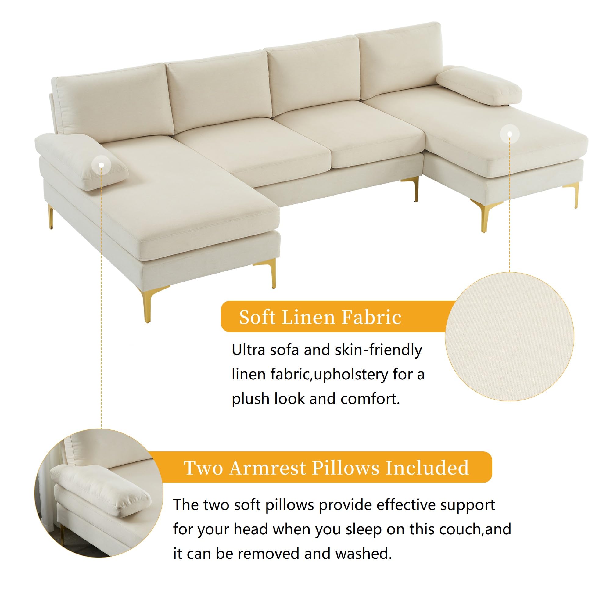 VERYKE Sectional Sofa Couch for Living Room, U Shaped Modern Sectional Sofa with Double Chaise,Minimalist Sectional Couch with Metal Leg for Home Office,Apartment (Linen Cream White)