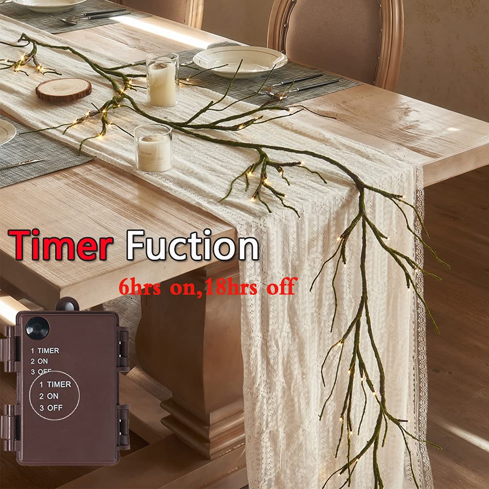 Fudios Greenery Garland with Lights for Mantle with Timer 48 LED 6FT Mossy Vine Garland Lights for Table Centerpieces Indoor Outdoor