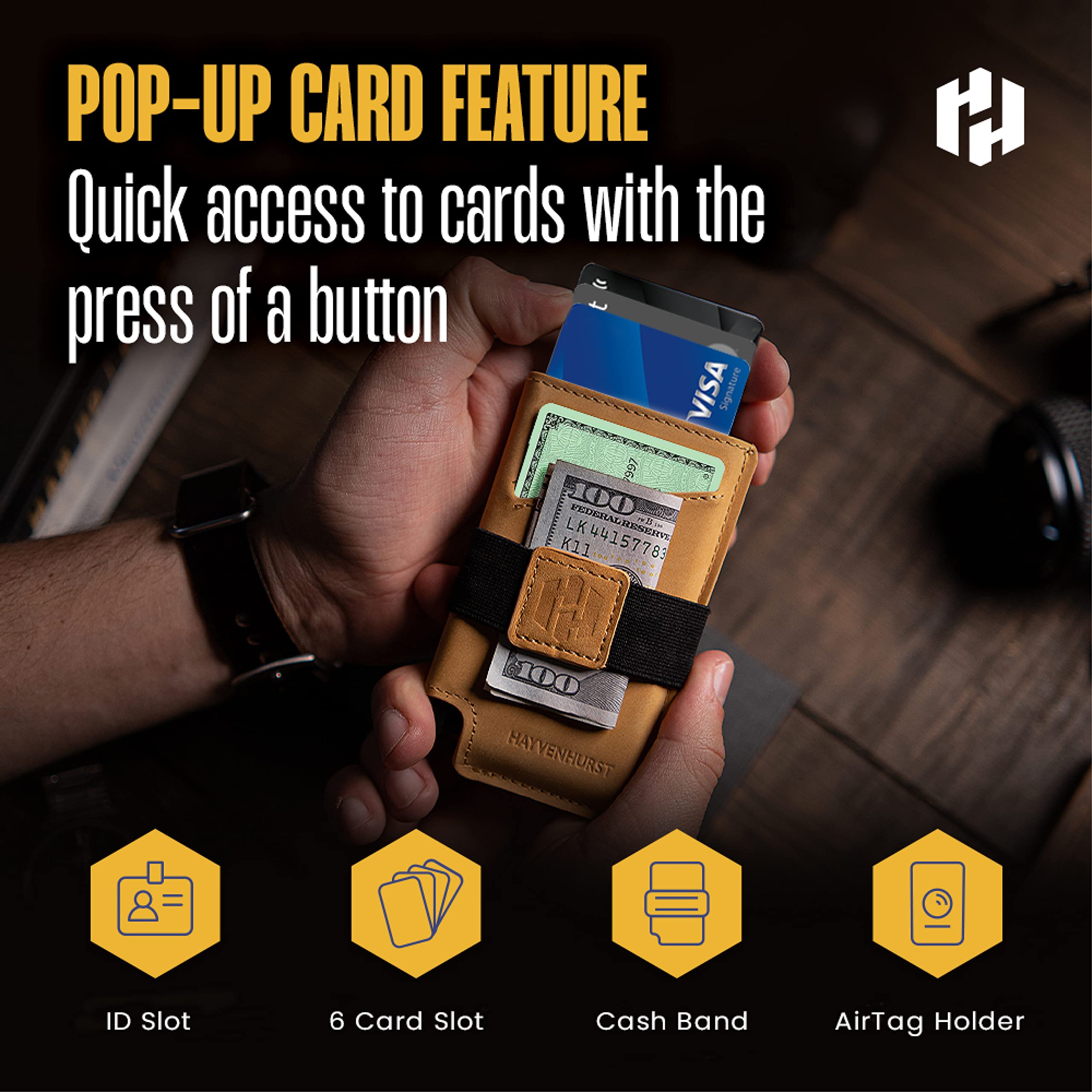 Hayvenhurst Slim Minimalist Pop Up Wallet with Cash Strap - RFID Blocking Credit Card Holder Capsule Metal Wallets for Men (Carbon Fiber)