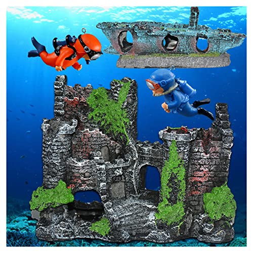 There is no brand Fish Tank Decorations Ancient Castle Resin Ornaments Buy 1 get 3 Gift Decorations（Sunken Ship+2diver Figurine） Accessories, eco-Friendly for Aquarium, Mixed