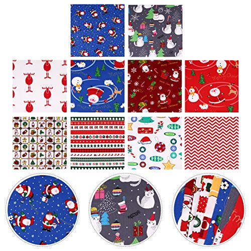 Wrapper Christmas Cotton Fabric Bundles 9.8 x 9.8 Inch Sewing Squares Quilting Fabric Patchwork Fat Quarters Precut Xmas Fabric Scraps for DIY Quilting Sewing Patchwork Xmas Gift 10Pcs