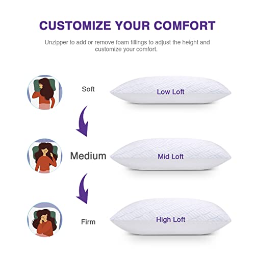 WISHSMILE Cooling Shredded Memory Foam Pillows for Sleeping Cool Cold Pillow Standard Size Set of 2 with Zipper, Adjustable Firmness to Hot, Side, Back and Stomach Sleepers, 2 Pack, 20x26