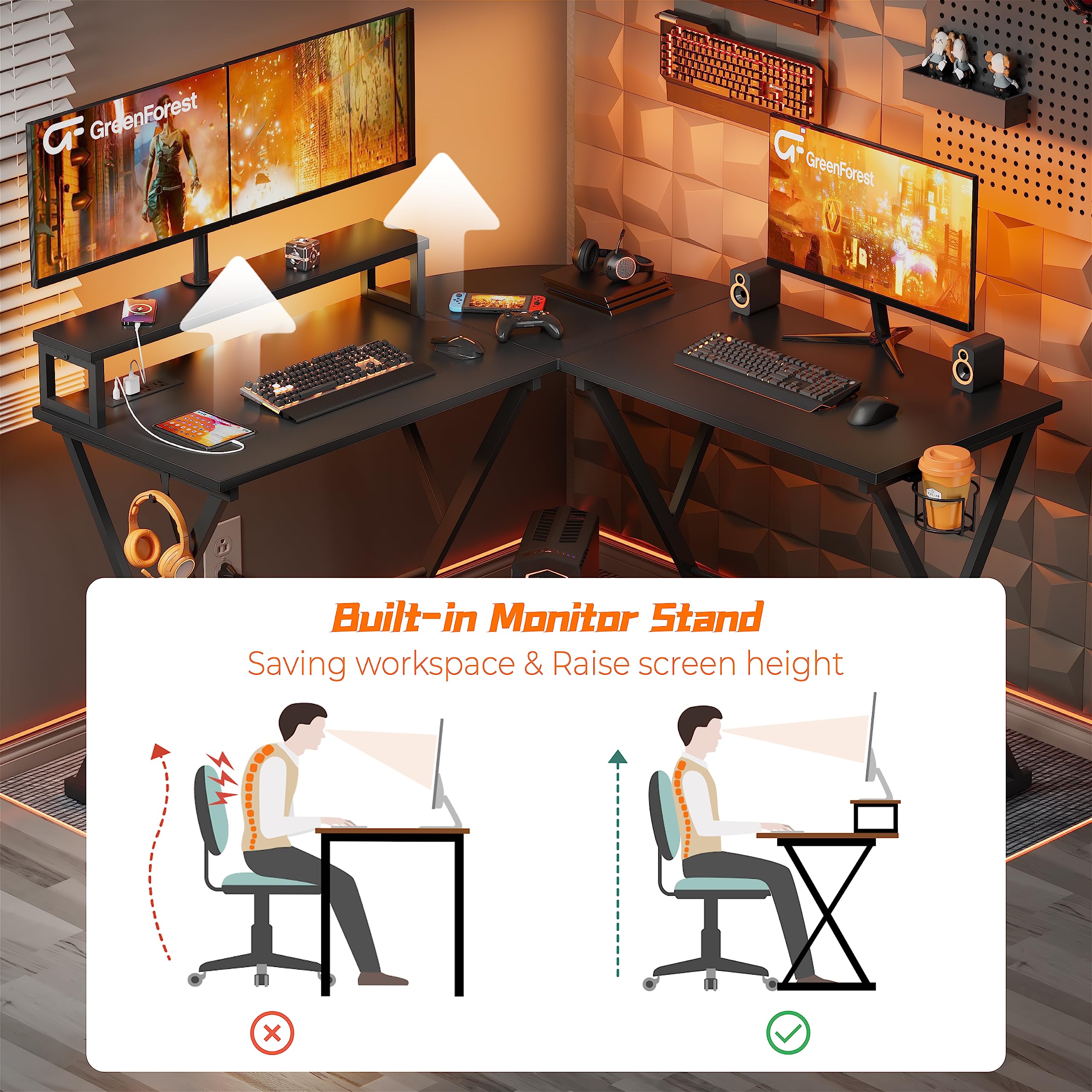 GreenForest L Shaped Desk with Power Outlets, 50.6 Inch Gaming Desk with Reversible Desktop Monitor Stand, Corner Computer Desk with Headphone Hook Cup Holder, Black