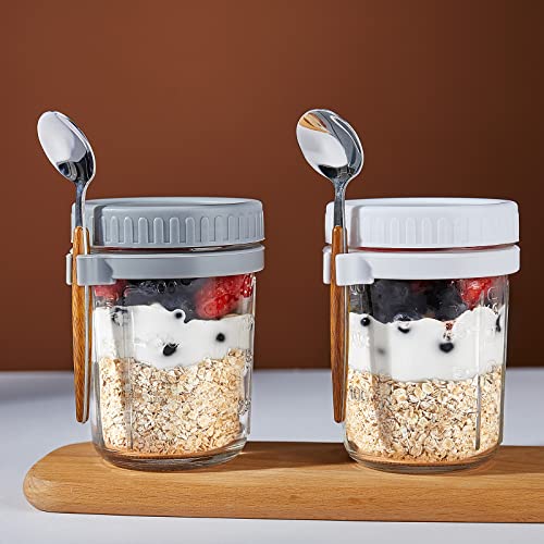 Overnight Oats Containers with Lids 2, 10oz Wide Mason Jars with Spoon - Great for on-the-go cereal containers - Very convenient for use on the go, Sealed glass jars are ideal for home, office or on-the-go (White)