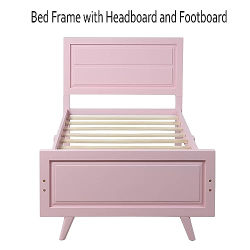 RIDFY Wood Twin Bed Frame with Headboard/Footboard, Modern Platform Camas Frame, Wood Slat Support Mattress Foundation/Noise Free/No Box Spring Needed/Easy Assemble (Pink)