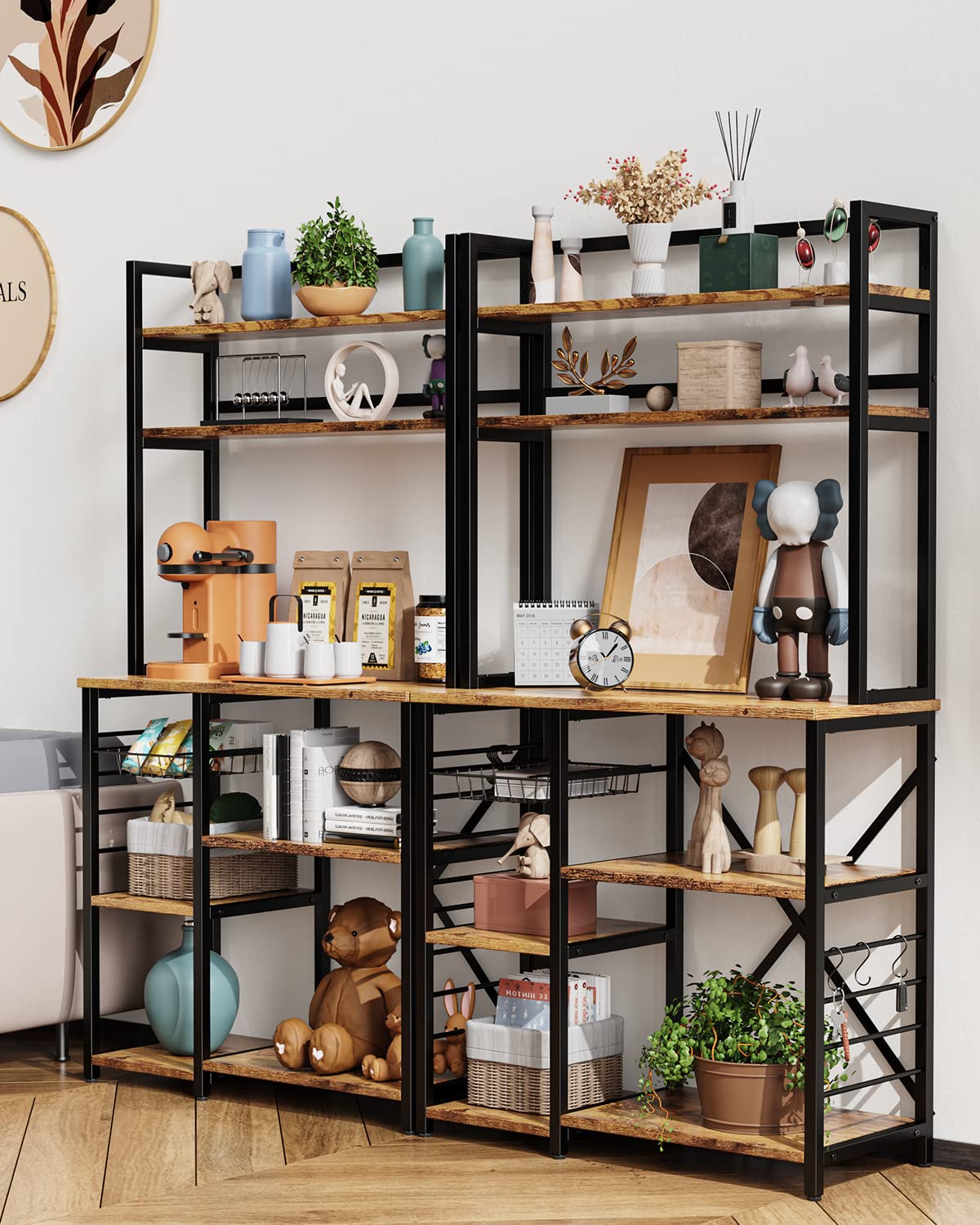 Gizoon Home Kitchen Baker's Rack with Spacious Storage, 5 Tier Versatile Microwave Stand Shelf with Basket & Side Hooks,Free Standing, Sturdy, Durable-Retro