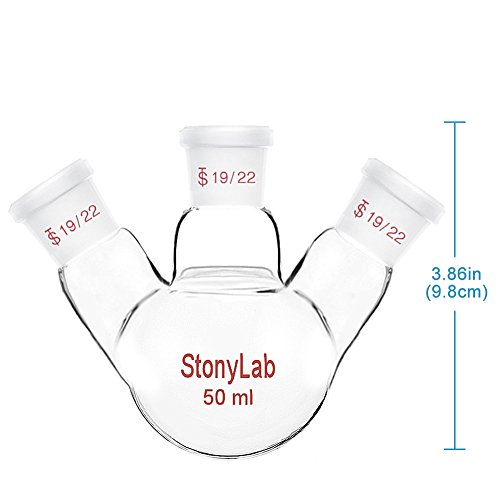 stonylab Glass 50 mL Heavy Wall 3 Neck Round Bottom Flask RBF, with 19/22 Center and Side Standard Taper Outer Joint, 500 mL