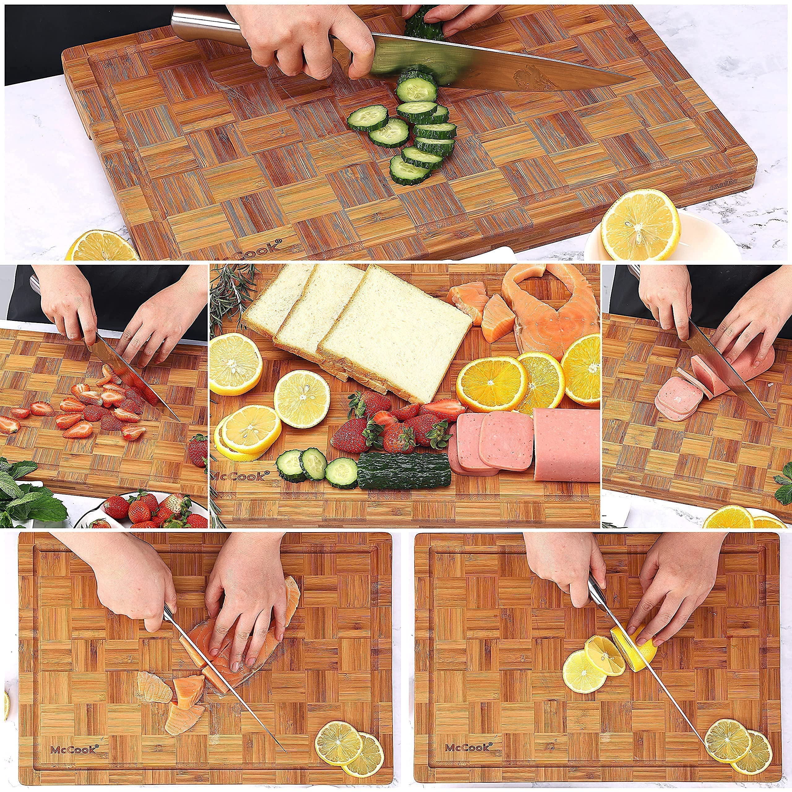 McCook MC21 German Stainless Steel Knife Block Sets with Built-in Sharpener + MCW12 Bamboo Cutting Board(Large, 17”x12”x1”)