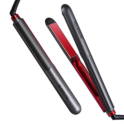 TECHMERI Hair Straightener and Curler 2 in 1, Flat Iron Hair Straightener with 5 Temp, Titanium Flat Iron with Dual Voltage, Temperature Memory