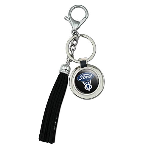 GRAPHICS & MORE Ford Vintage V8 Logo Chrome Plated Metal Round Leather Tassel Keychain