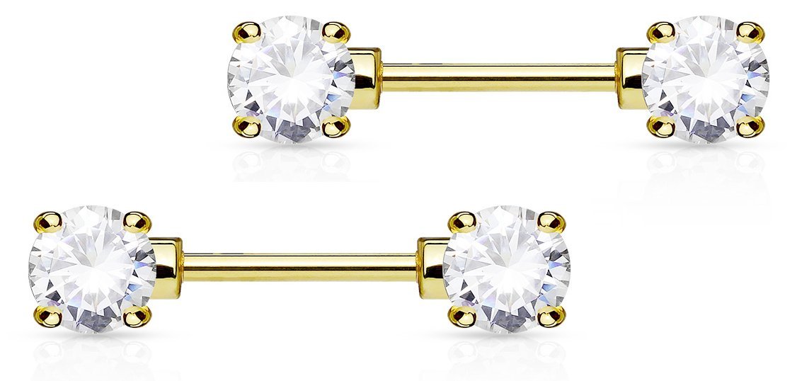 Forbidden Body Jewelry 14g 1/2 Inch (12mm) 14k Gold Plated Clear CZ Crystal Front Facing Gemmed Nipple Ring Barbell Set