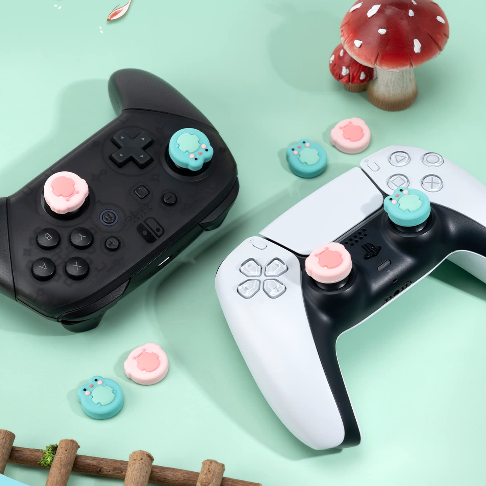 GeekShare Cute Thumb Grip Caps for Playstation 5 Controller, Thumbsticks Cover Set Compatible with Switch Pro Controller and PS4 PS5 Controller, 4Pcs - Frog & Axolotl