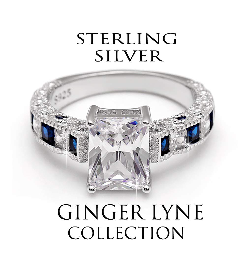 Ginger Lyne Collection Katharina Sterling Silver 2.5CT Emerald cut with Blue Accent CZ Engagement Wedding Bridal Ring Size 5