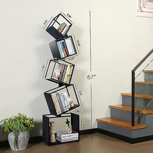 Weltallina Bookshelf, 5-Tier Bookcase Black, 67" Tall Black Bookshelf, Industrial Bookshelf, Modern Book Storage, Storage Shelves for CDs/Books/Home Decor, Display Shelf