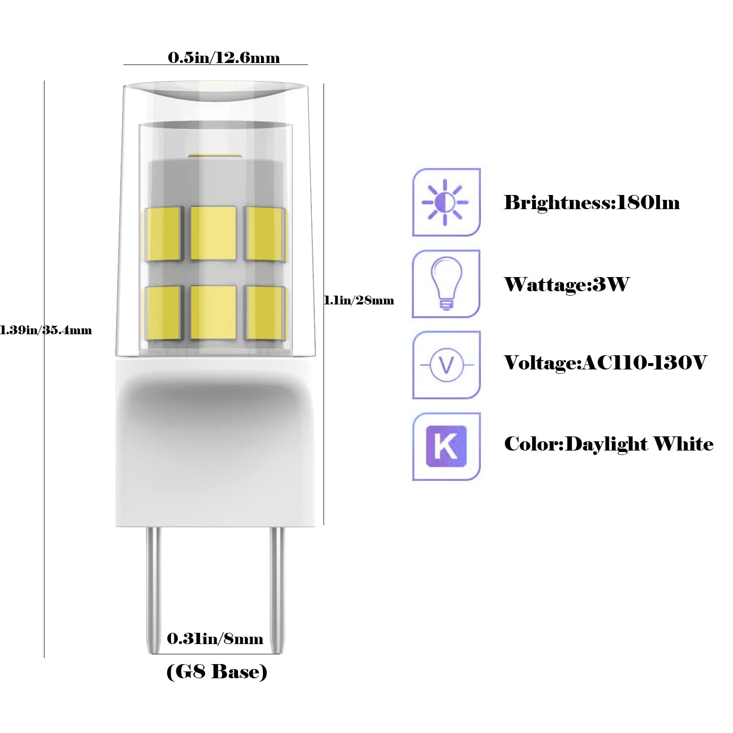 G8 LED Light Bulb 2.5 Watts Daylight White - G8 Base Bi-pin Xenon JCD Type LED 120V 20W Halogen Replacement Bulb for Under Counter Kitchen Lighting, Under-Cabinet Light.Pack of 5 (Daylight White)