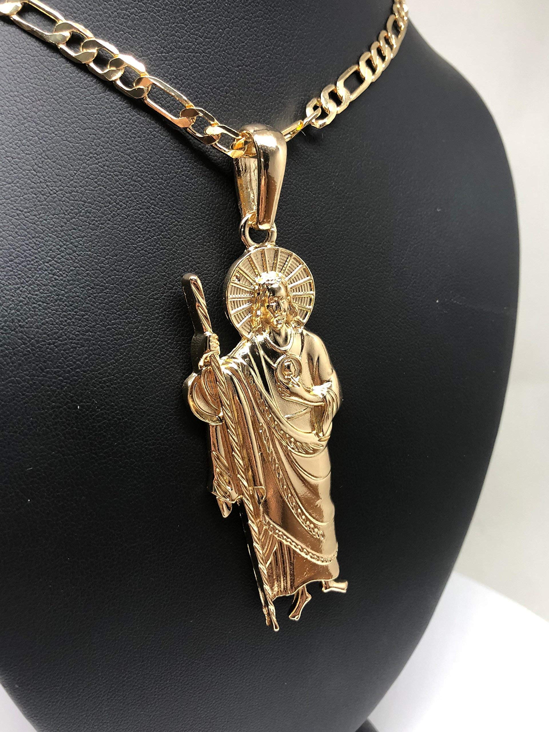 Fran & Co. Jewelry Gold Plated Big Saint Jude Pendant Necklace Figaro 26" San Judas Tadeo Medalla XL Cadena Oro