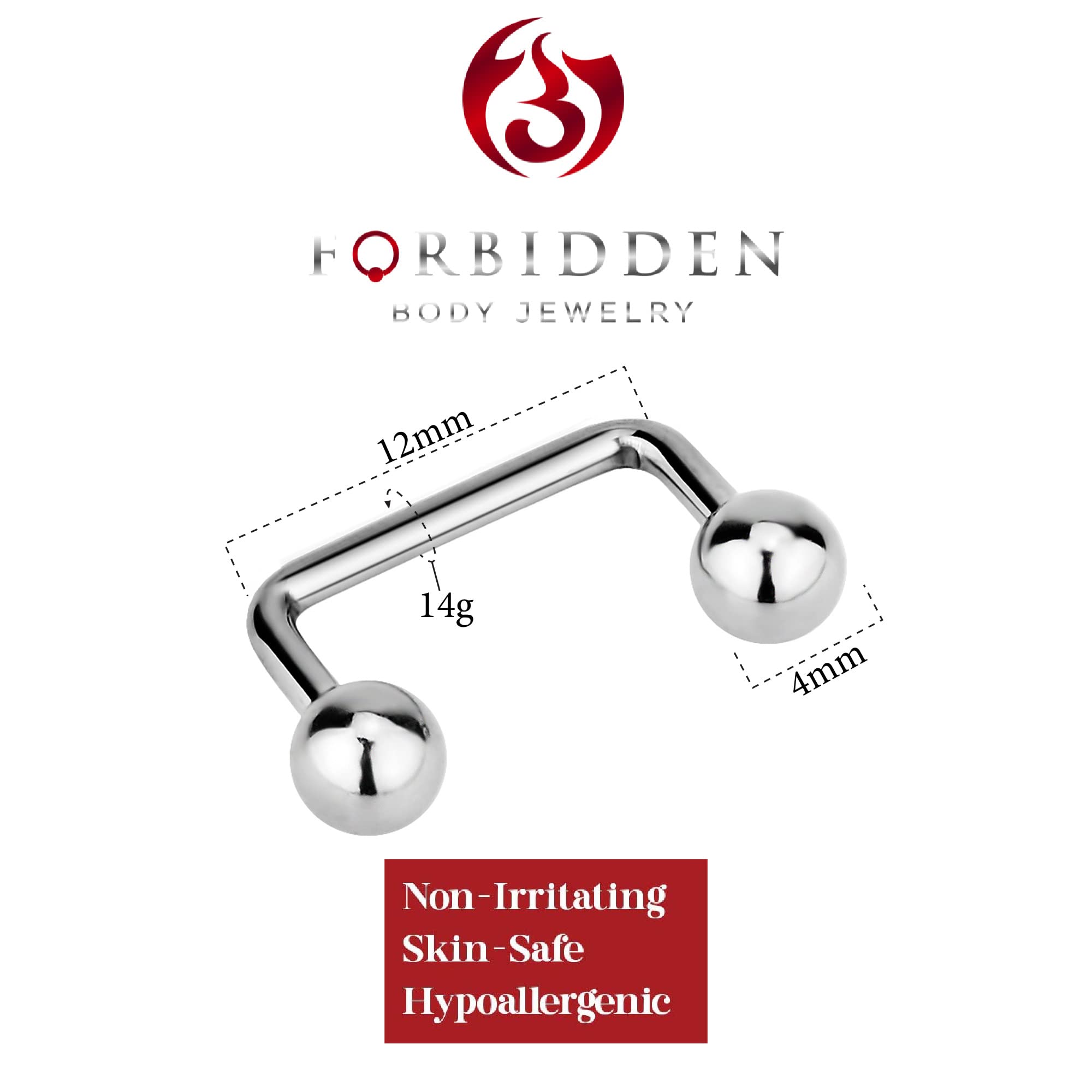Forbidden Body Jewelry 14G 12mm Surgical Steel Double Ball Basic Staple Surface Piercing Barbell, 4mm Balls, 2mm Rise