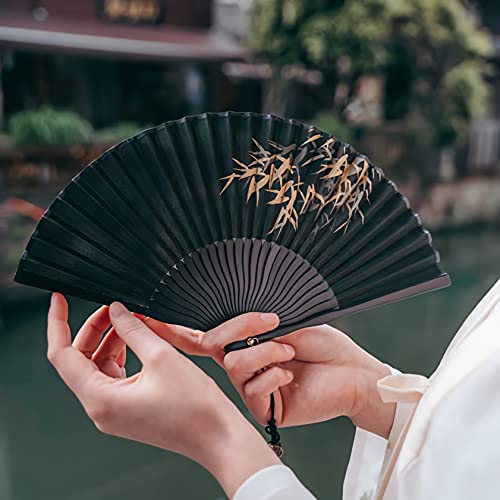 HTian Small Black Folding Fans, Chinese Bamboo Leaf Pattern Hand Fan Folded Purse Hand Fan with Fabric Sleeve and Tassel, for Women
