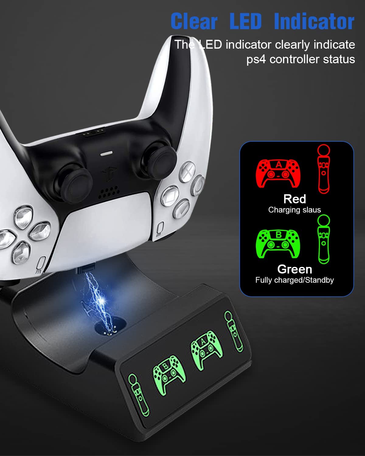 Hdiwousp PS5 Controller Charger Station, 4 in 1 PS5 Controller Charging Station, Fast Charging Dock Compatible with PS 5 VR Wireless Controller, Playstation 5 Charging Station with LED Indicator