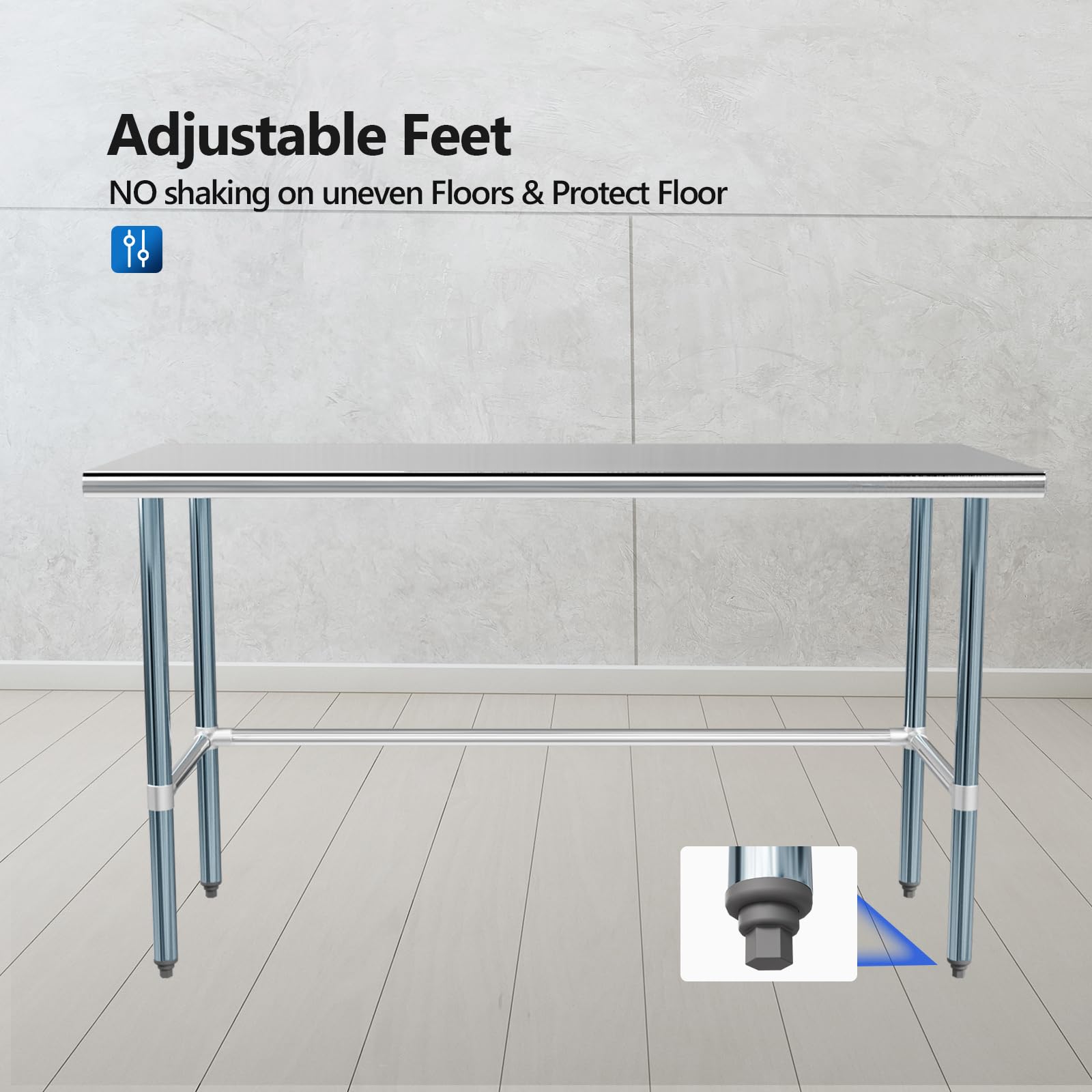 ROVSUN Open Base Stainless Steel Table 60 x 24 Inches, NSF Commercial Heavy Duty Prep & Work Table,Metal Table for Kitchen, Restaurant, Home, Hotel, Garage, Laundry
