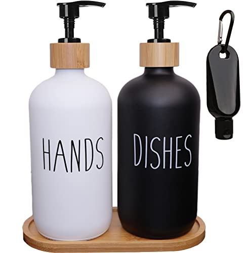 VICUKIE Dish Soap Dispenser, Contains Glass Hand Soap Dispenser and Dish Soap Dispenser, Kitchen Soap Dispenser Set, Matte Black and White, Farmhouse Kitchen DecorïŒNewly Updated (Black and White)