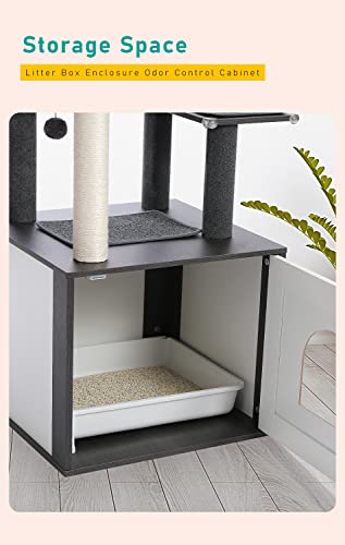 PETEPELA Modern Cat Tree Wood Cat Tower with Storage Cabinet Litter Box Enclosure and Spacious Cat Condo, Large Top Perch and Hammock, Sisal Covered Scratching Posts for Cats Black