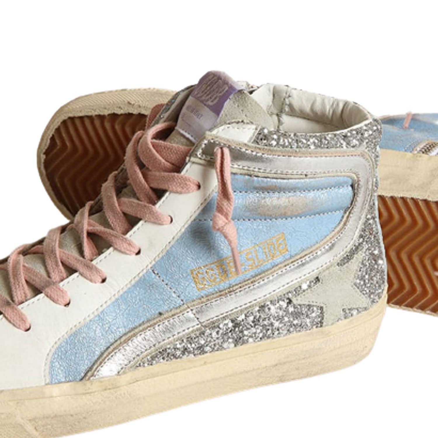 Golden Goose Slide Crack and Glitter Upper Suede Toe and Star Laminated List and Wave Womens Distressed Sneaker - 38 Multicolor