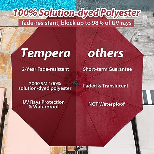 Tempera 9' Outdoor Market Patio Table Umbrella with Push Button Tilt and Crank,Large Sun Umbrella with Sturdy Pole&Fade resistant canopy,Easy to set,Red