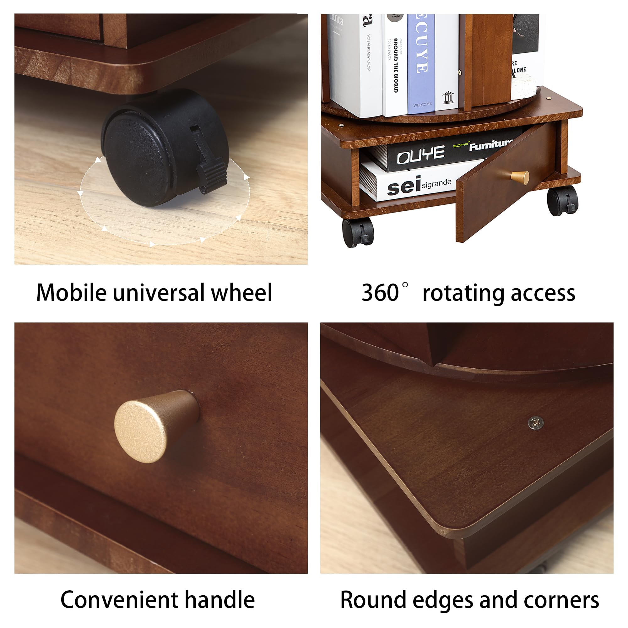 RNE Solid Wood Rotating Bookshelf Tower, 360 Rotating Bookshelf, Mobile Bookcase with Drawers and Wheels, for Bedroom, Living Room, Office (Walnut, 6-Tier)