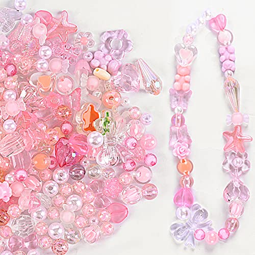 sjavocado 130pcs Acrylic Assorted Beads Flower Heart Butterfly Candy Beads Pastel Loose Beads Round Beads Bulk for Bracelets Jewelry Making DIY Plastic Crafts(Pink)