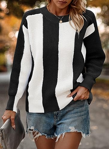 PRETTYGARDEN Women's 2023 Fall Knit Pullover Sweater Casual Long Sleeve Color Block Jumper Blouse Tops (Black,Large)