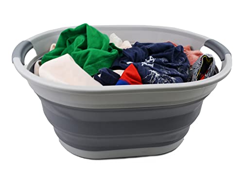 SAMMART 28L (7.4 gallon) Oval Collapsible Plastic Laundry Basket - Foldable Pop Up Storage Container/Organizer - Portable Washing Tub - Space Saving Hamper/Basket (Grey (Set of 2))