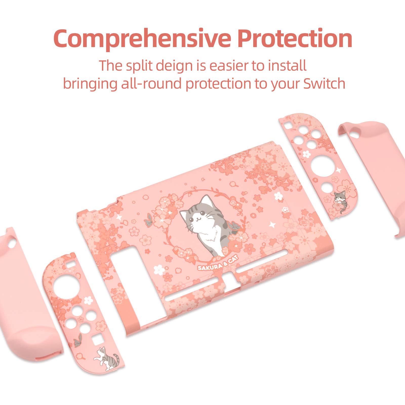 GeekShare Protective Case Slim Cover Case Compatible with Nintendo Switch and Joy Con - Shock-Absorption and Anti-Scratch - Sakura cat