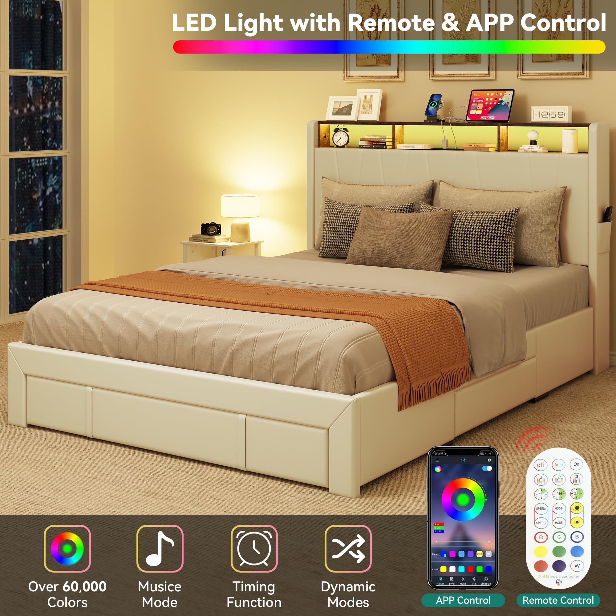 YITAHOME Queen Size Bed Frame, Storage Bed Frame with 4 Drawers & LED Light, Platform Bed with Storage Upholstered Headboard and Charging Station, No Box Spring Needed, Easy Assembly, Beige