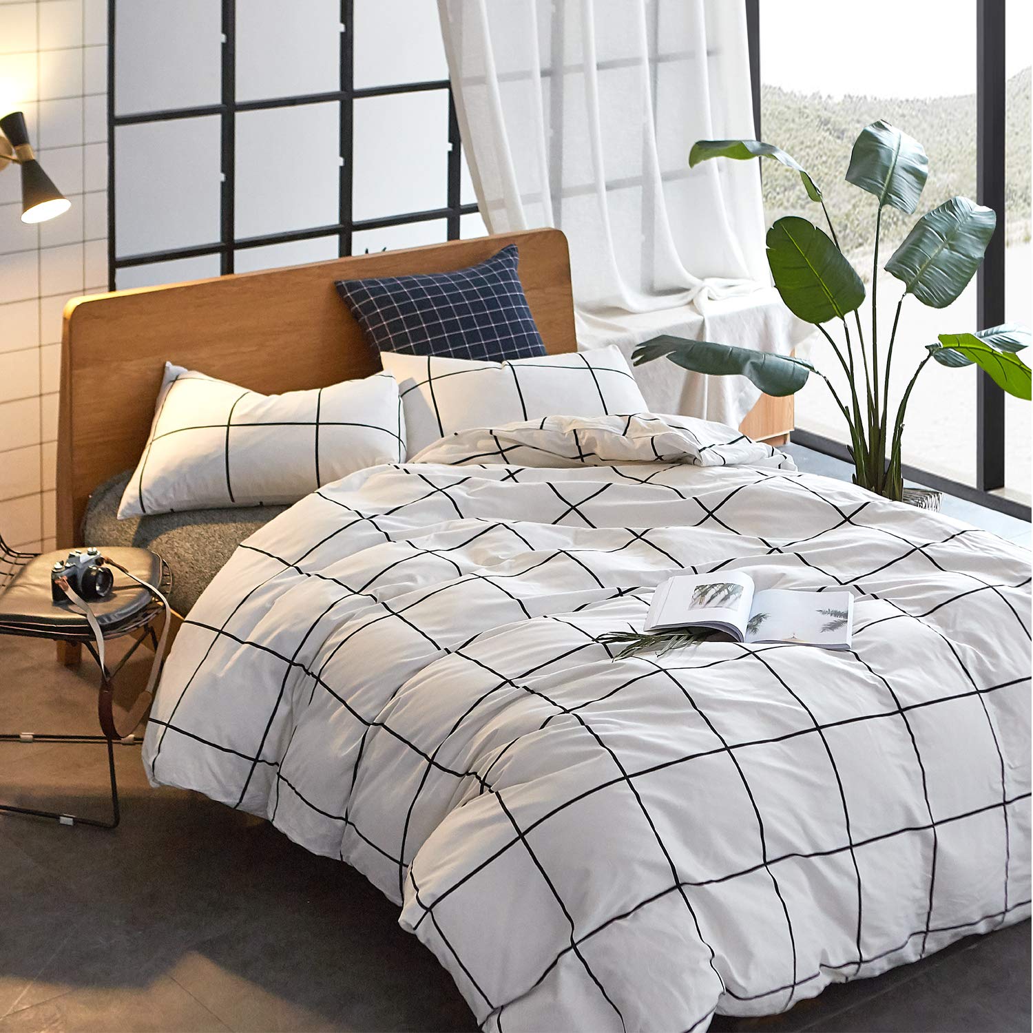 Wellboo White Plaid Duvet Cover Set Queen Size Black and White Grid Bedding Cover Cotton Modern Large Plaid Checkered Quilt Covers Soft Durable Buffalo Plaid Geometric Duvet Covers Breathable 3 Pieces