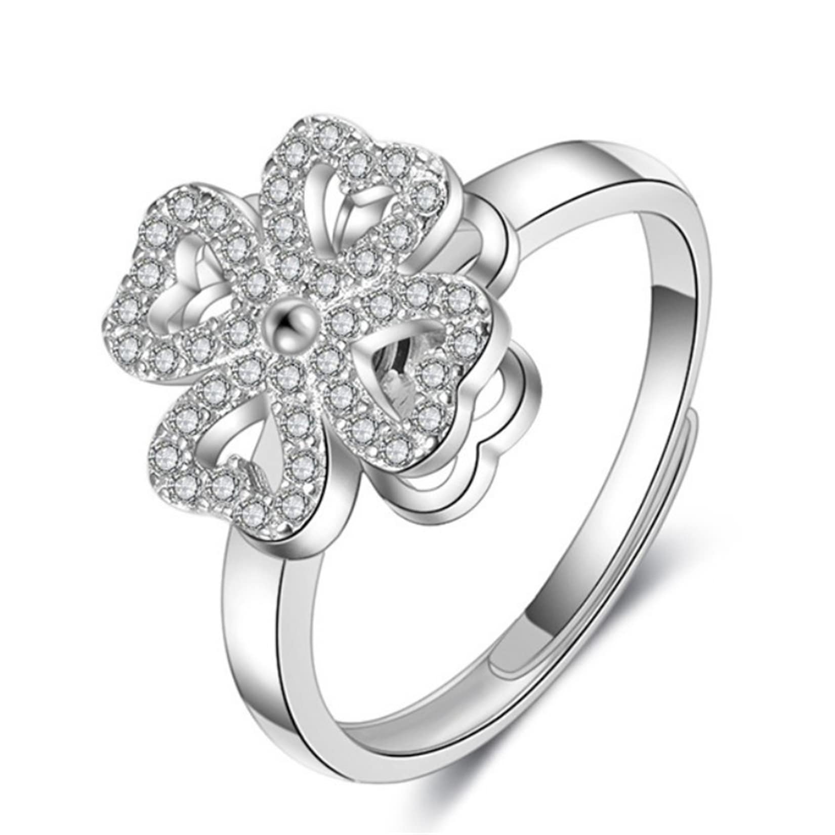 HMOOY Four Leaf Clover Rotating Ring,Lucky Leaf Engagement Open Ring Fashion Silver Anti Anxiety Ring for Women Fidget Rings for Relieving Stress Band Ring (Silver)