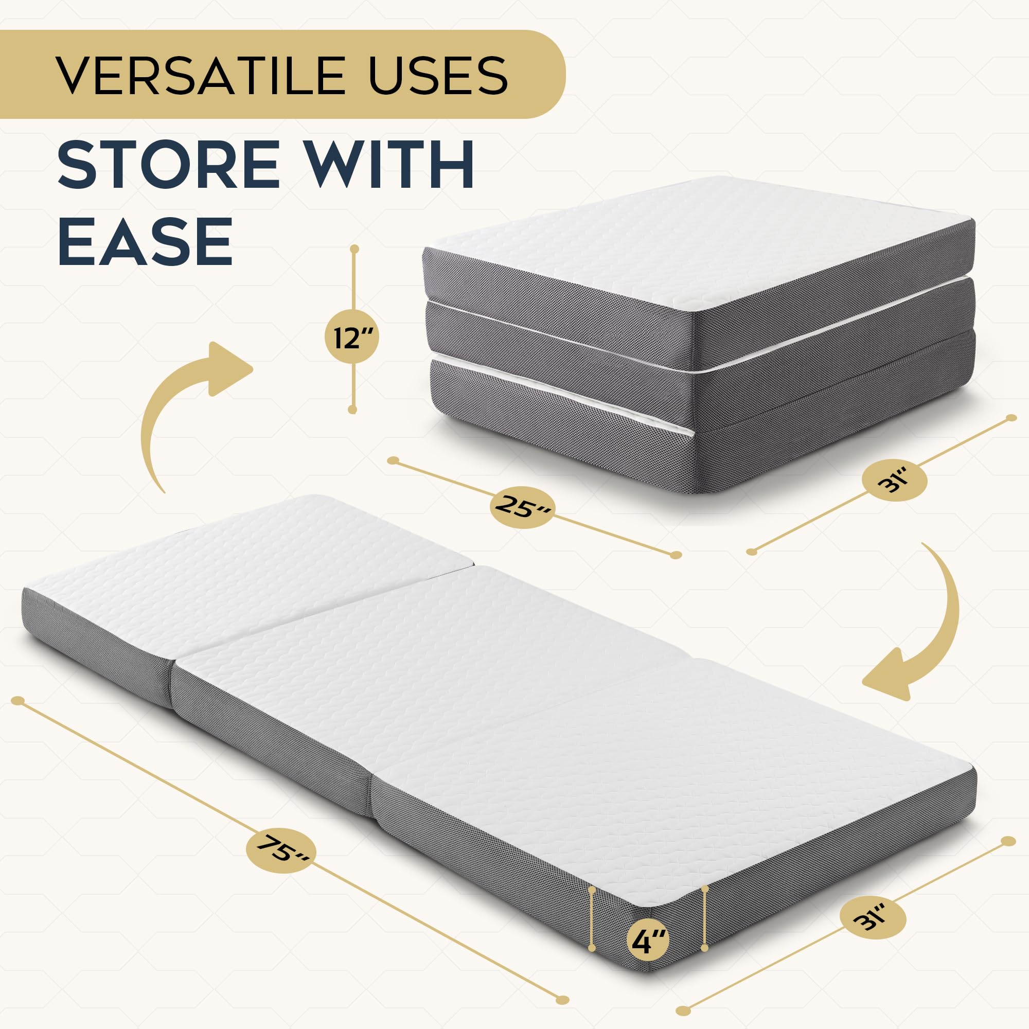 Tri Folding Mattress Twin with Memory Foam Layer - 4 Inch Trifold Foldable Bed Mattress with Washable Cover | Twin Size Mattress 75" x 38" x 4" Non-Slip Bottom Camping Floor Mattress Guest Bed