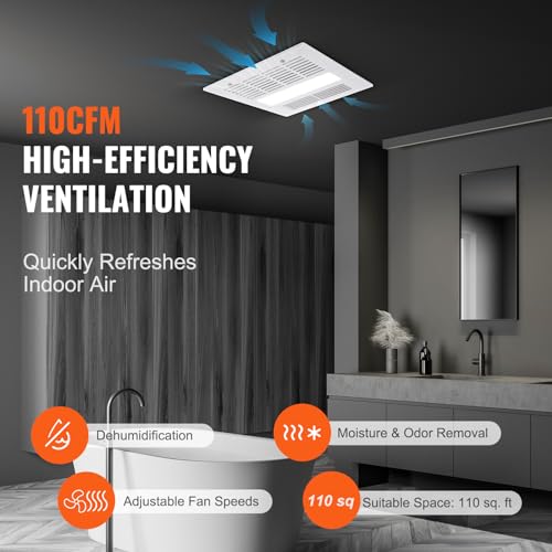 VEVOR Bathroom Exhaust Fan, 110 CFM Ventilation, 1.5sones Low Noise Operation, Remote Control, Cooling&Heating, LED Light 3000/4000/5000K, Airflow Speed&Light Brightness Adjustable, Timer
