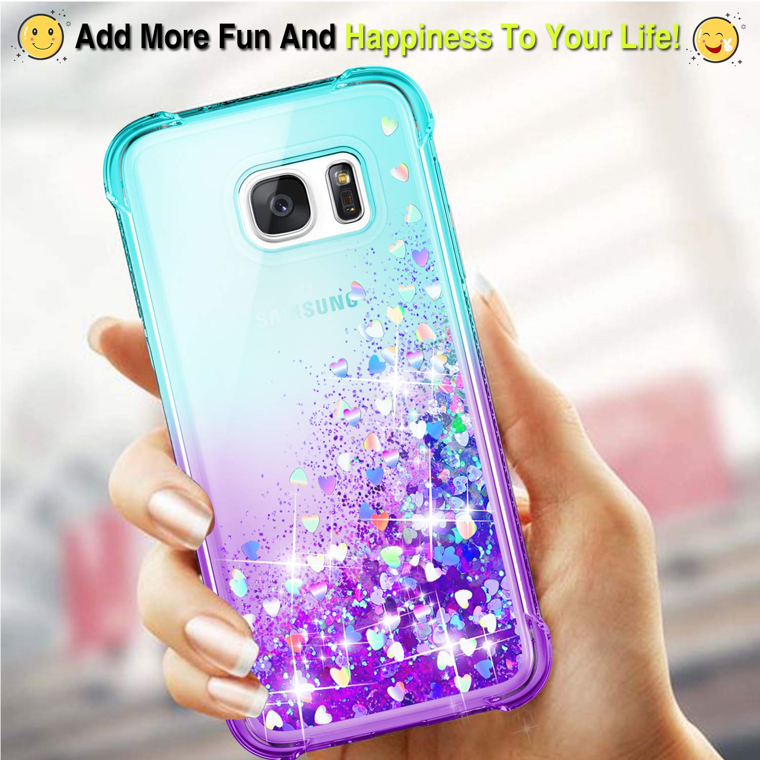 Gritup Samsung Galaxy S7 Edge Case, Samsung S7 Edge Case with HD Screen Protector, Girls Women Cute Gradient Liquid Glitter Bling Four-Corner Protective Soft TPU Case for Galaxy S7 Edge, Teal/Purple