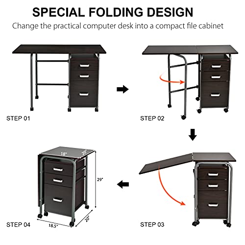 Tangkula Folding Computer Desk with 3 Storage Drawers, Mobile Home Office Desk Study Writing Desk with Smooth Wheels, Space Saving Compact Desk for Dorm Apartment, Rolling Folding Desk Table
