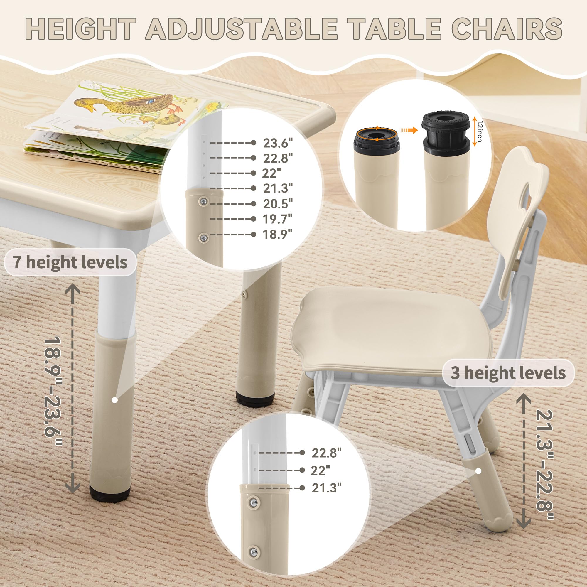 GITAWUSA Kids Study Table and Chairs Set, Height Adjustable Toddler Table and Chair Set for Kids Ages 3-8, Graffiti Desktop Plastic Children Art Table with 4 Seats, Pinky