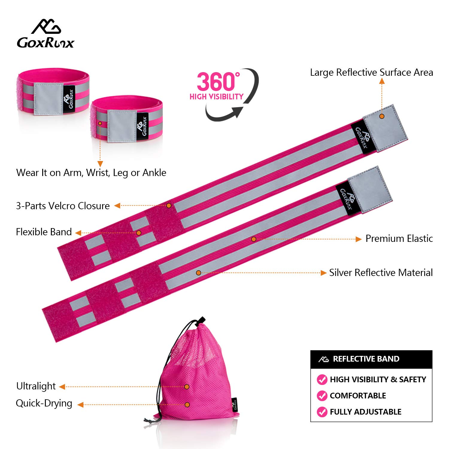 GoxRunx Reflective Bands Running Gear (6 Pack) Adjustable Reflective Armband Arm Wrist Ankle Leg Bands Reflectors -Reflective Tape Straps for Clothing Night Running Cycling Walking -Slap Bracelets