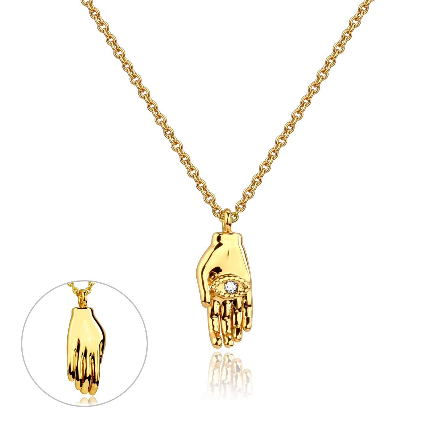 Girafe Hamsa Hand Necklace, 14k Gold Eye Embossed Hand of Fatima Womens Pendant, 16inch