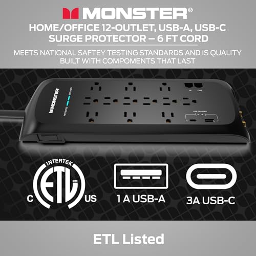Monster Black Heavy Duty Surge Protector Power Strip 6 ft Cord with 10 120V-Outlet Extension, 2 Ethernet Switch Ports, 4050J Rating, 1 USB-A, and 1 USB-C Charging Ports β Ideal for Computers & Offices
