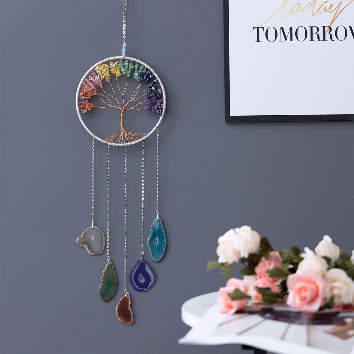 Gem Dream Catchers Agates 7 Chakra Gemstone Wall Hangings Tree of Life Meditation Ornament Home Chakra Feng Crystals Decor Stoneā¦