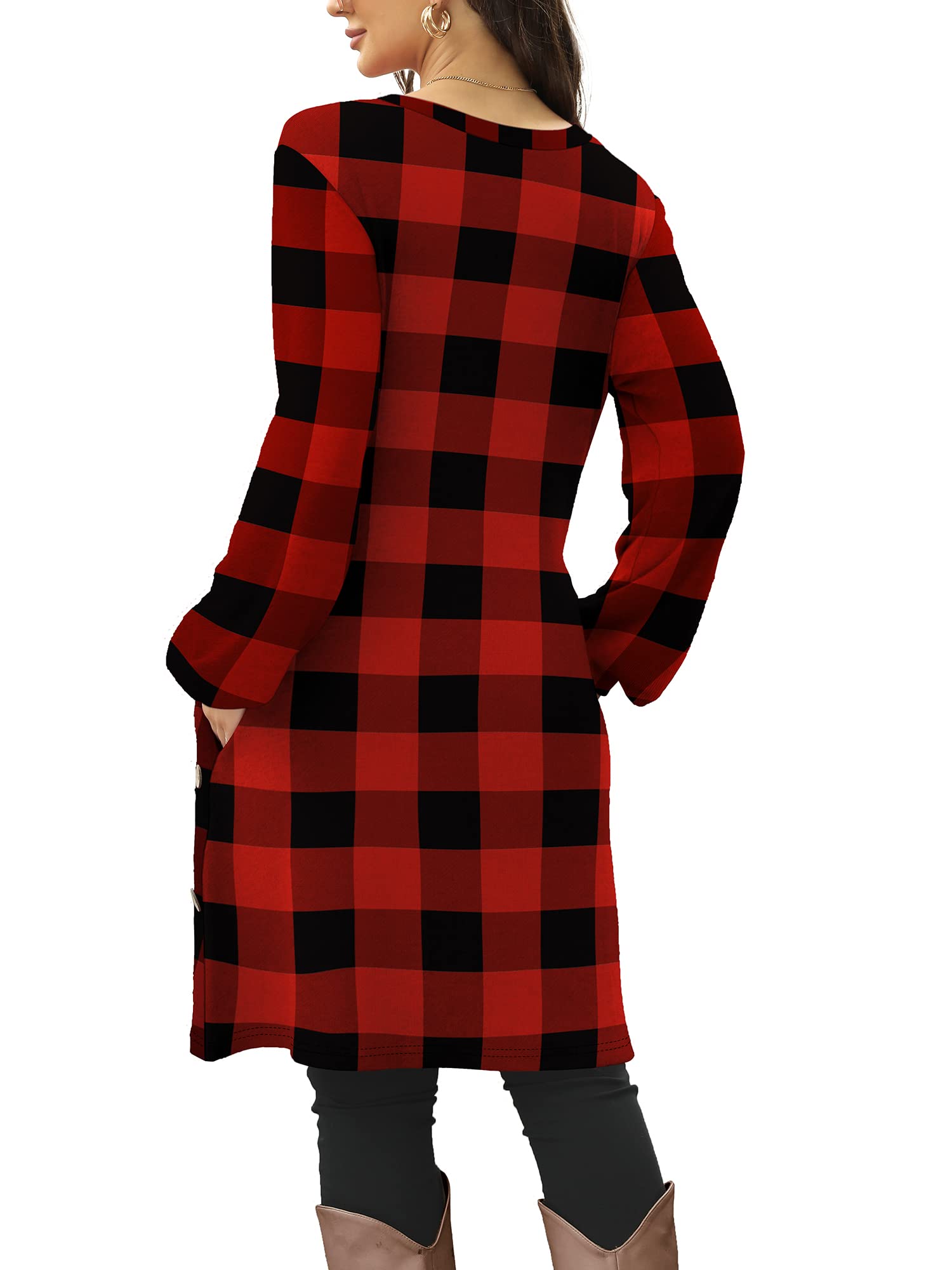 Glanzition Plaid Dress for Women Christmas Knee Length Tunic Dresses Red L
